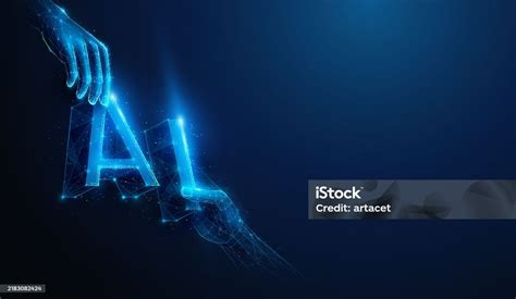 Ai 3d 문자에 접근하는 낮은 폴리 손의 추상 그림 인공 지능 기술 연구 및 개발을 묘사한 파란색 기하학적 배경 와이어프레임 연결 구조별 개념 3차원 형태에 대한 스톡