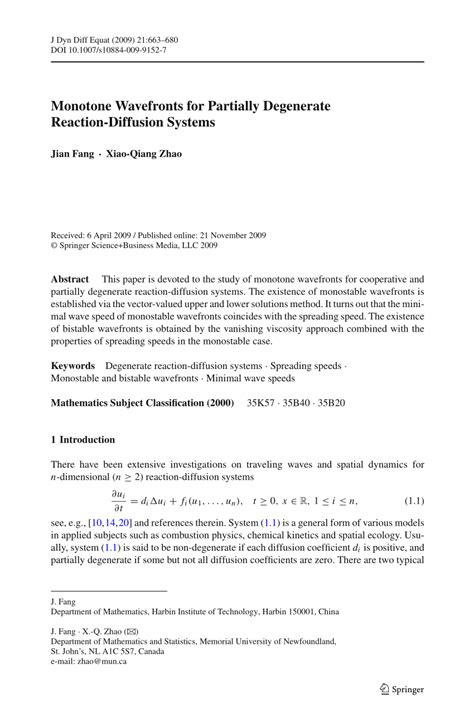 Pdf Monotone Wavefronts For Partially Degenerate Reaction Diffusion Systems