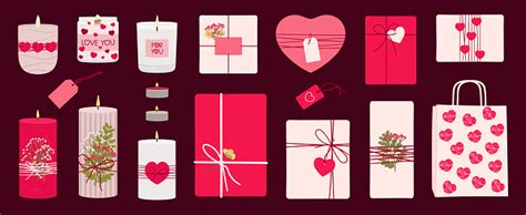낭만적인 향기로운 불타는 양초와 꽃과 하트가 있는 선물 상자 세트 파라핀 항아리 기둥에 콩 왁스 양초 발렌타인 데이 아로마 캔들 컬렉션 손으로 벡터 일러스트 레이 션 그리기