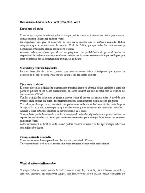 Herramientas Básicas De Microsoft Office 2010 Pdf Microsoft Word Software