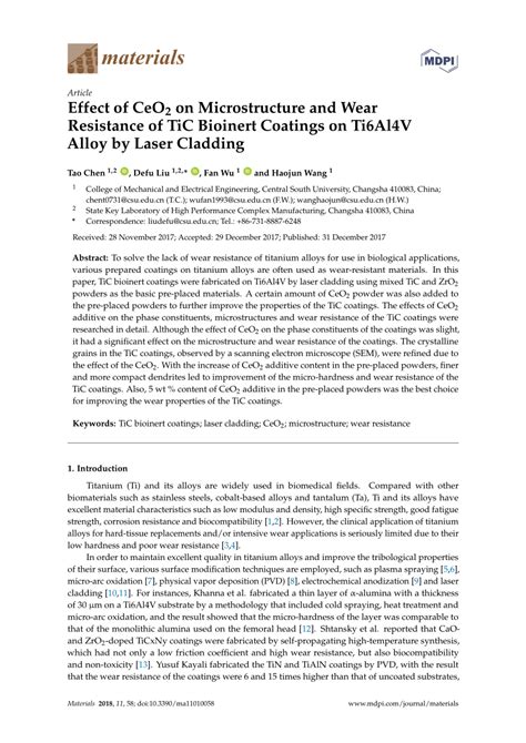 Pdf Effect Of Ceo2 On Microstructure And Wear Resistance Of Tic Bioinert Coatings On Ti6al4v