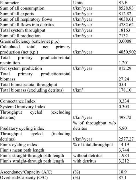 summary statistics after mass balancing and network flow indices for