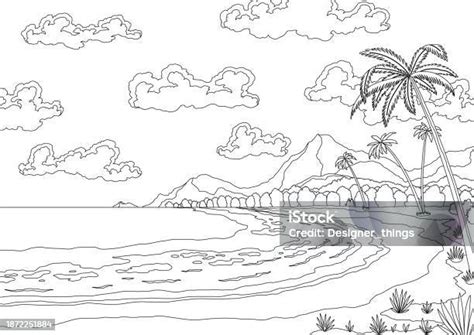 야자수 해안 물과 하늘 구름 채색 스타일 해변 풍경 아름 다운 해변 열 대 배너입니다 여름 휴가 바다 해안 벡터 일러스트 레이