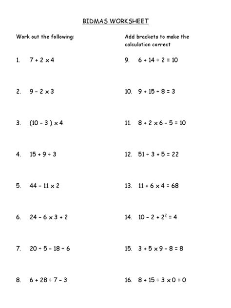 Bodmas Worksheet Pdf Bodmas Worksheet Pdf