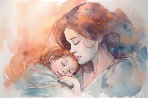 Una Pintura De Acuarela De Una Madre Y Su Hijo Foto Premium