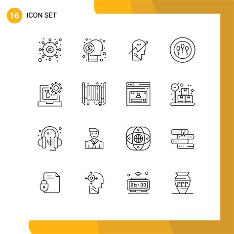 pictogram set of 16 simple outlines of code science arrow medical mind