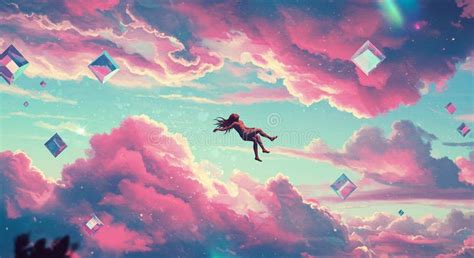 Surreal Artwork Depicts A Person Floating Amidst Vibrant Pink And Blue Clouds Stock