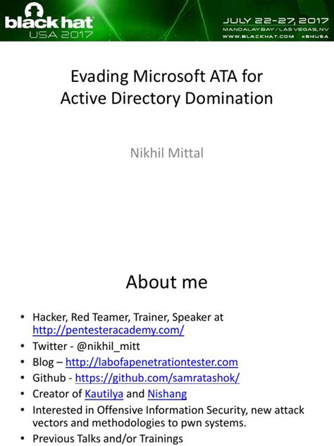 Evading Microsoft Ata For Active Directory Domination Nikhil Mittal Pdf Microsoft Sql