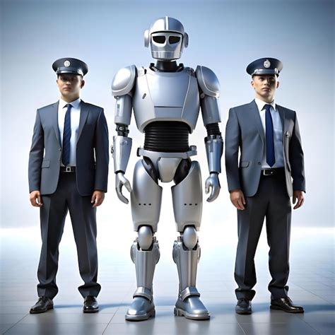 A Futuristic Robot Stands Flanked By Two Security Guards Creating A Powerful Visual Of Ai