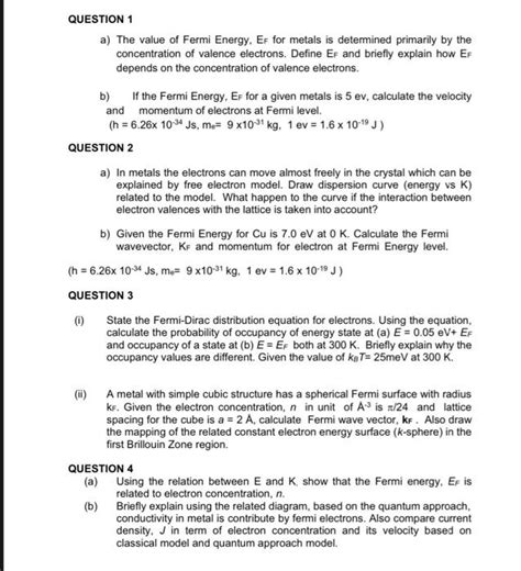 Solved QUESTION A The Value Of Fermi Energy Er For Chegg Com