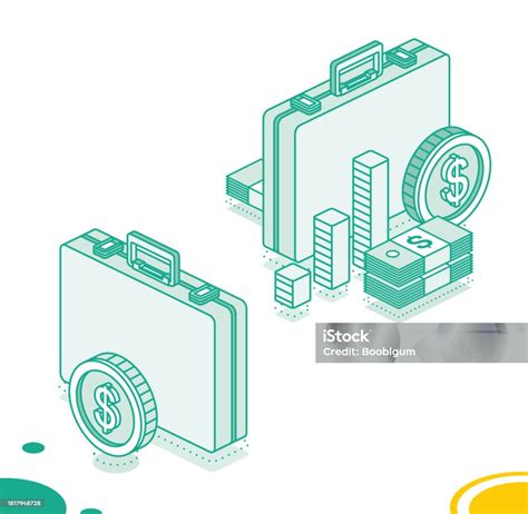 기둥 달러 동전 및 달러 더미가 있는 비즈니스 서류 가방 등각 투영 윤곽 개념 3d 개체 가방에 대한 스톡 벡터 아트 및 기타 이미지 Istock