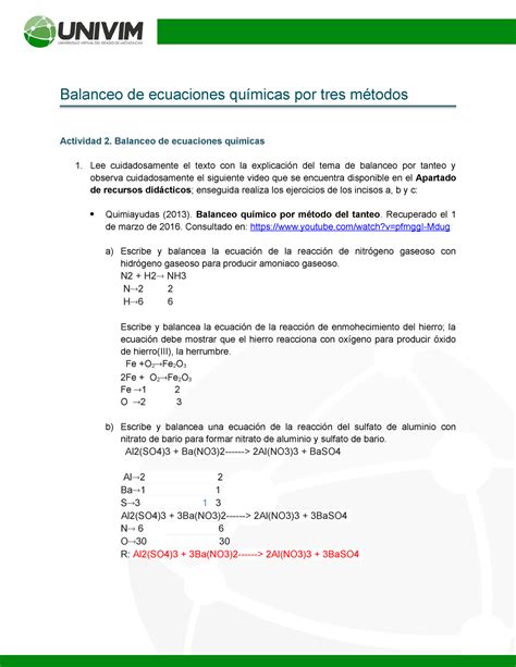 Balanceo De Ecuaciones Químicas Por Tres Métodos Balanceo De