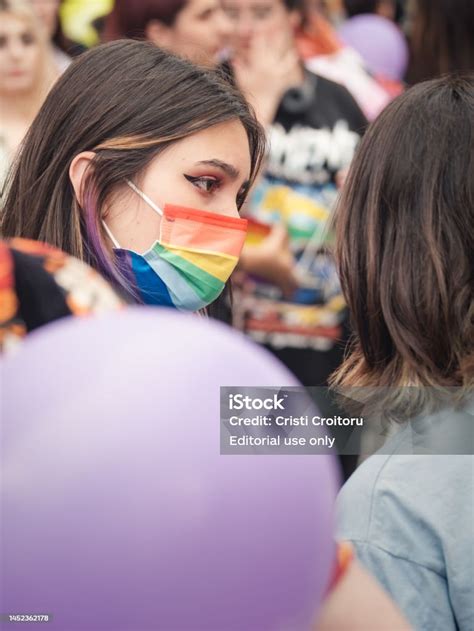 Young Attractive Girls Attending At Lgbtq Pride Parade Rally Stock