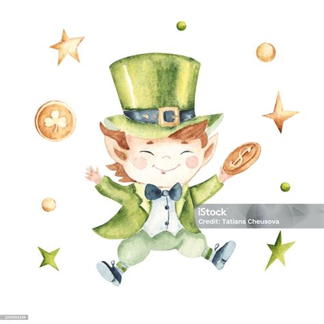 별과 거품으로 둘러싸인 달러와 세 잎 클로버 토끼풀 표지판이 있는 황금 동전을 가진 귀여운 점프 레프리콘 만화 캐릭터 손으로