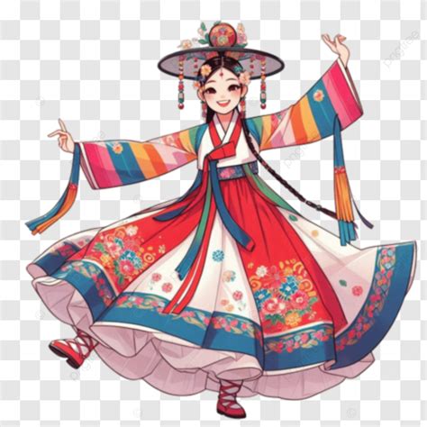 투명한 배경에 전통 의상 춤 만화 효과를 입은 젊은 한국 소녀 전통의상 춤 만화 효과를 입은 한국 소녀 투명한 배경에 춤추는