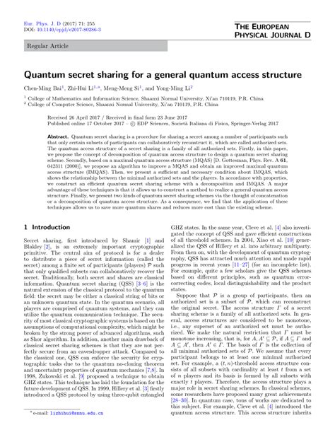 Pdf Quantum Secret Sharing For A General Quantum Access Structure