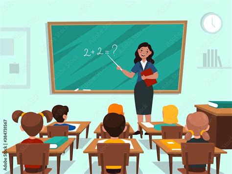 Students In Classroom Teacher Near Blackboard In Auditorium Teaches Students In Classroom Teacher Near Blackboard In Auditorium Teaches