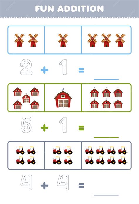 귀여운 만화 풍차 헛간 트랙터 인쇄 가능한 농장 워크시트의 수를 세고 추적하여 어린이를 위한 교육 게임 재미 추가 프리미엄 벡터