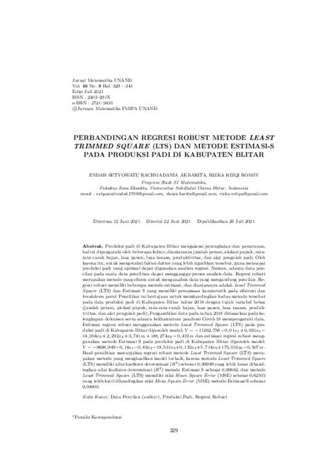 Pdf Perbandingan Regresi Robust Metode Least Trimmed Square Lts Dan Metode Estimasi S Pada