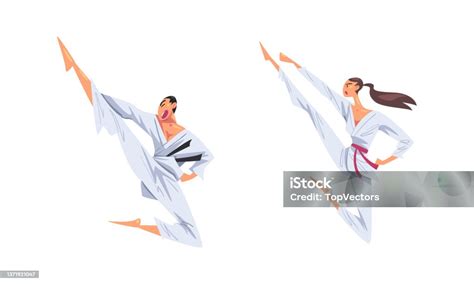 전통적인 일본 무술 만화 벡터 일러스트를 연습 하는 흰색 기모노에서 선수 가라테에 대한 스톡 벡터 아트 및 기타 이미지