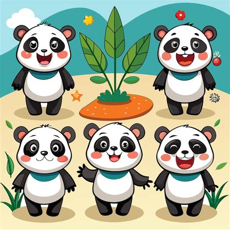 Five Cute Cartoon Pandas With Various Expressions In A Playful Setting Premium Ai Generated Vector