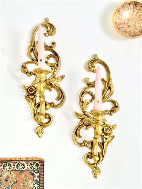 Vintage Pair Regency Gold Wall Sconces Homco Scroll And Floral Candle