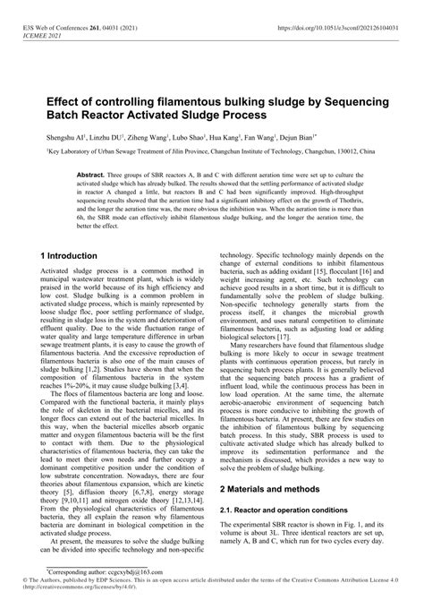 Pdf Effect Of Controlling Filamentous Bulking Sludge By Sequencing Batch Reactor Activated