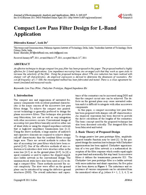 pdf compact chebyshev low pass filter design for l band application