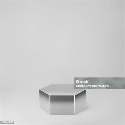 회색 배경에 고립 된 원근이있는 실버 3d 육각형 육각 기둥 크롬 강관 박물관 무대 받침대 또는 제품 연단 3d 기하학적 형상