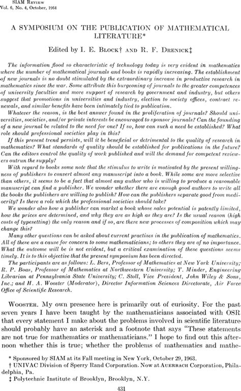 A Symposium On The Publication Of Mathematical Literature Siam Review