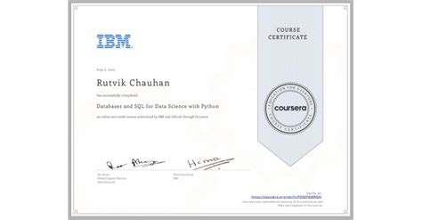 Completion Certificate For Databases And Sql For Data Science With Python Rutvik Chauhan