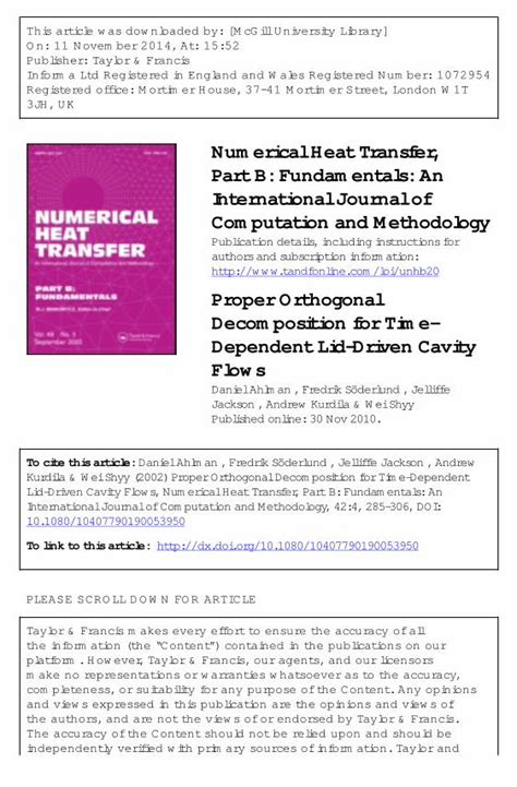 Pdf Proper Orthogonal Decomposition For Time Dependent Lid Driven