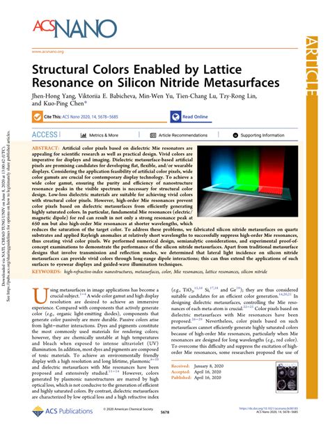 Pdf Structural Colors Enabled By Lattice Resonance On Silicon Nitride Metasurfaces