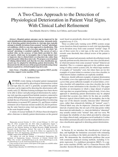 Pdf A Two Class Approach To The Detection Of Physiological Deterioration In Patient Vital
