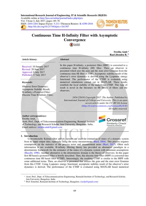 Pdf Continuous Time H Infinity Filter With Asymptotic Convergence