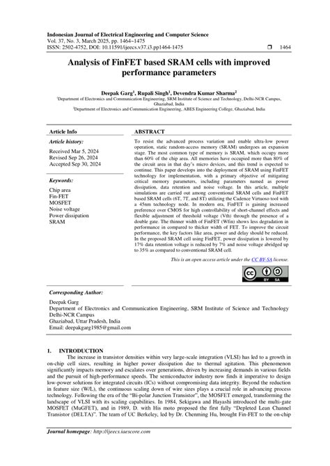 Pdf Analysis Of Finfet Based Sram Cells With Improved Performance Parameters