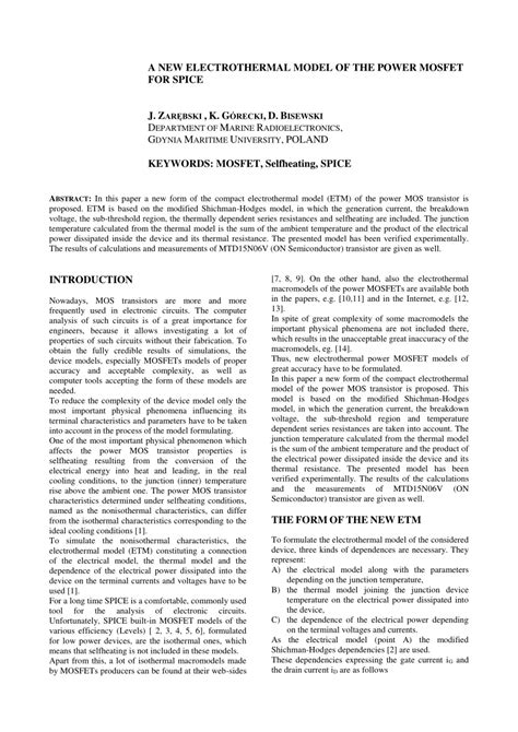 Pdf A New Electrothermal Model Of The Power Mosfet For Spice