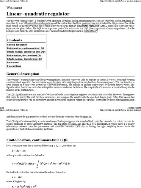 Linear Quadratic Regulator Wikipedia Pdf Control Engineering