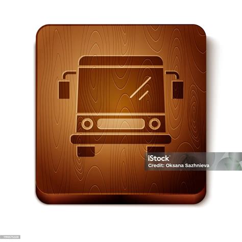 흰색 배경에 격리 된 갈색 버스 아이콘입니다 교통 개념입니다 버스 투어 교통 표지판 관광 또는 공공 차량 기호입니다 나무 사각형 버튼입니다 벡터 일러스트레이션 관광에 대한