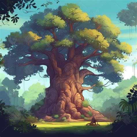 Premium Ai Image Cartoon Illustration Of A Big Tree In The Middle Of A Jungle Generative Ai