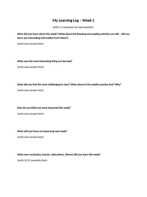 Weekly Learning Log Pdf