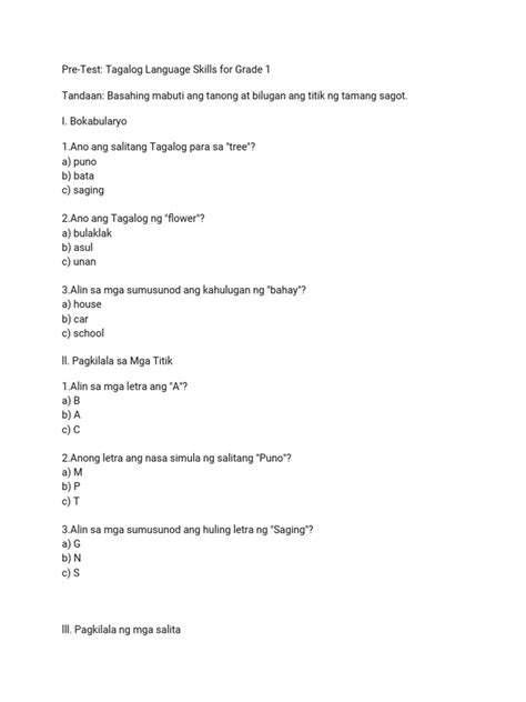 Pre Test Tagalog Language Skills For Grade 1 Pdf