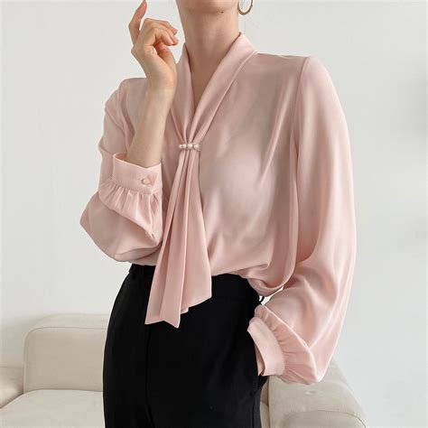 타이 진주 쉬폰 화이트 핑크 블랙 오피스룩 정장 블라우스
