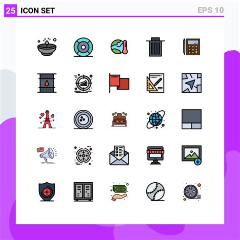 Set Of 25 Vector Filled Line Flat Colors On Grid For Trash Delete Ui Temperature Global Editable