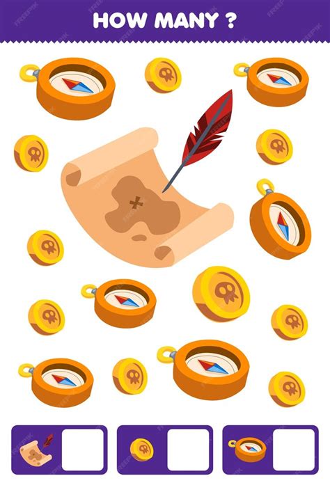 귀여운 만화 보물 상자 동전과 나침반 인쇄 가능한 해적 워크시트의 개체 수를 검색하고 세는 어린이를 위한 교육 게임 프리미엄 벡터