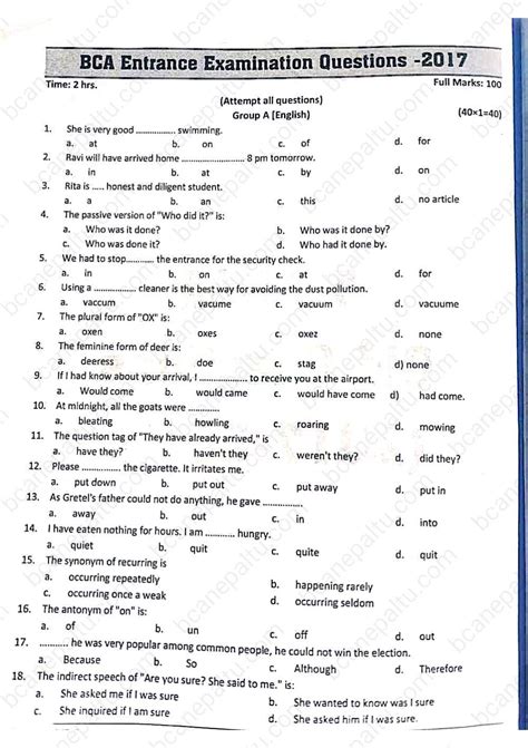 bca entrance practice old and model set questions bca nepal