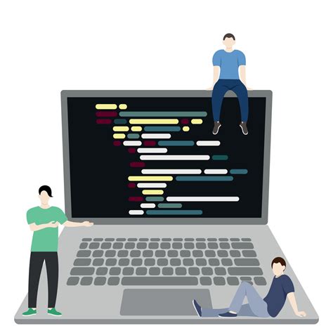 Three Little Guys Near A Big Laptop Programmers Isolate On White