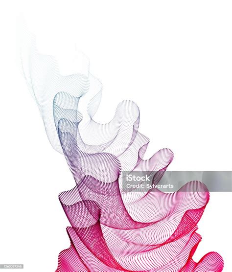 흐르는 입자의 배열 바람에 동적 파도 투명 튤 직물 3d 벡터 그림입니다 메쉬 라운드 점 아름다운 편안한 벽지 일러스트 3차원 형태에 대한 스톡 사진 및 기타 이미지