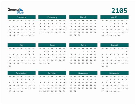 2105 Full Year Calendar