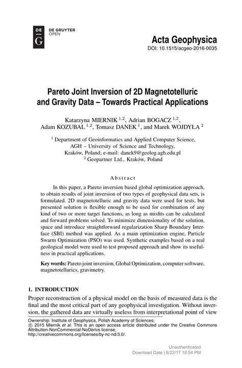 Pdf Pareto Joint Inversion Of 2d Magnetotelluric And Gravity Data Towards Practical Applications